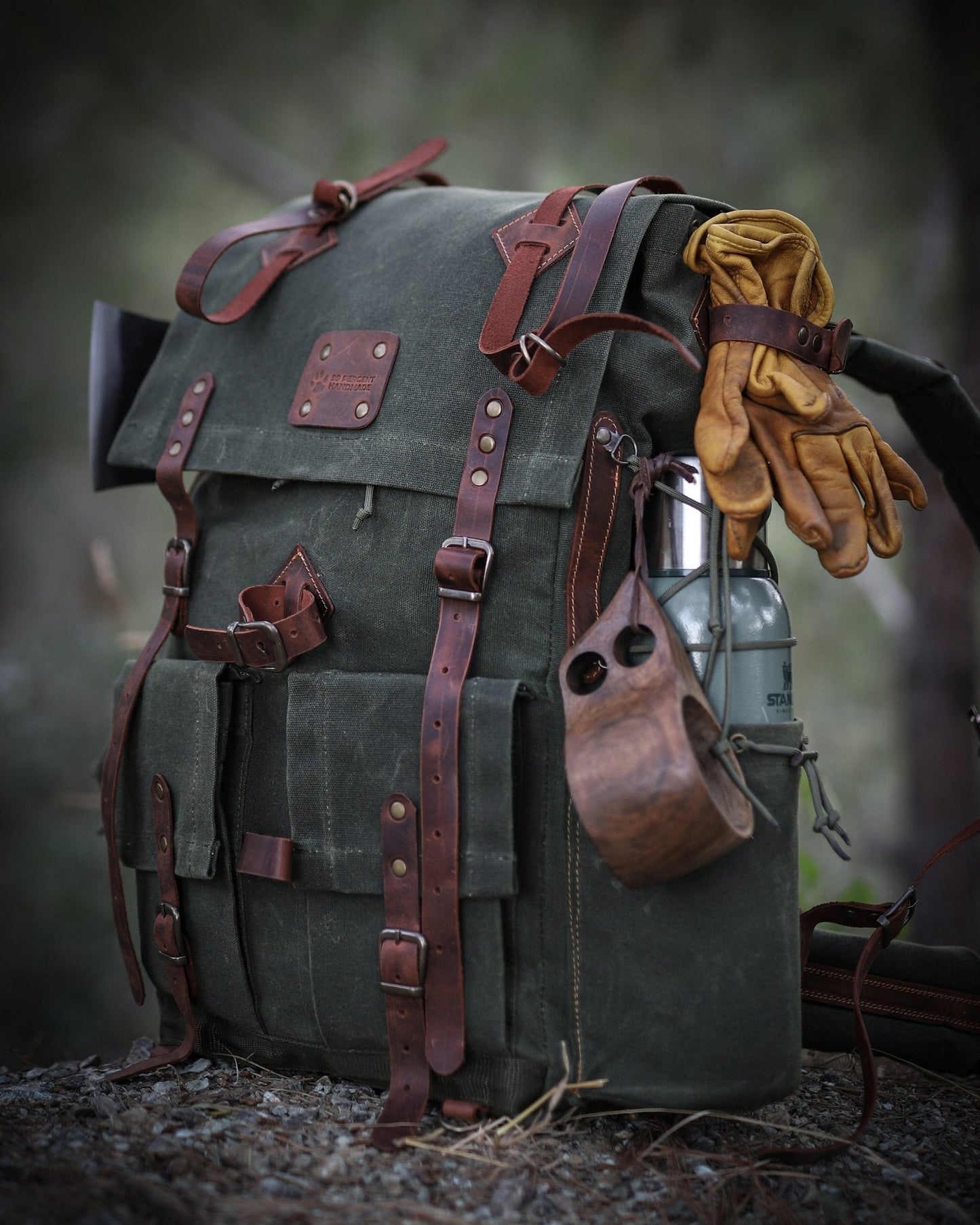 Handmade Brown Leather, Green Canvas Bushcraft Backpack ...