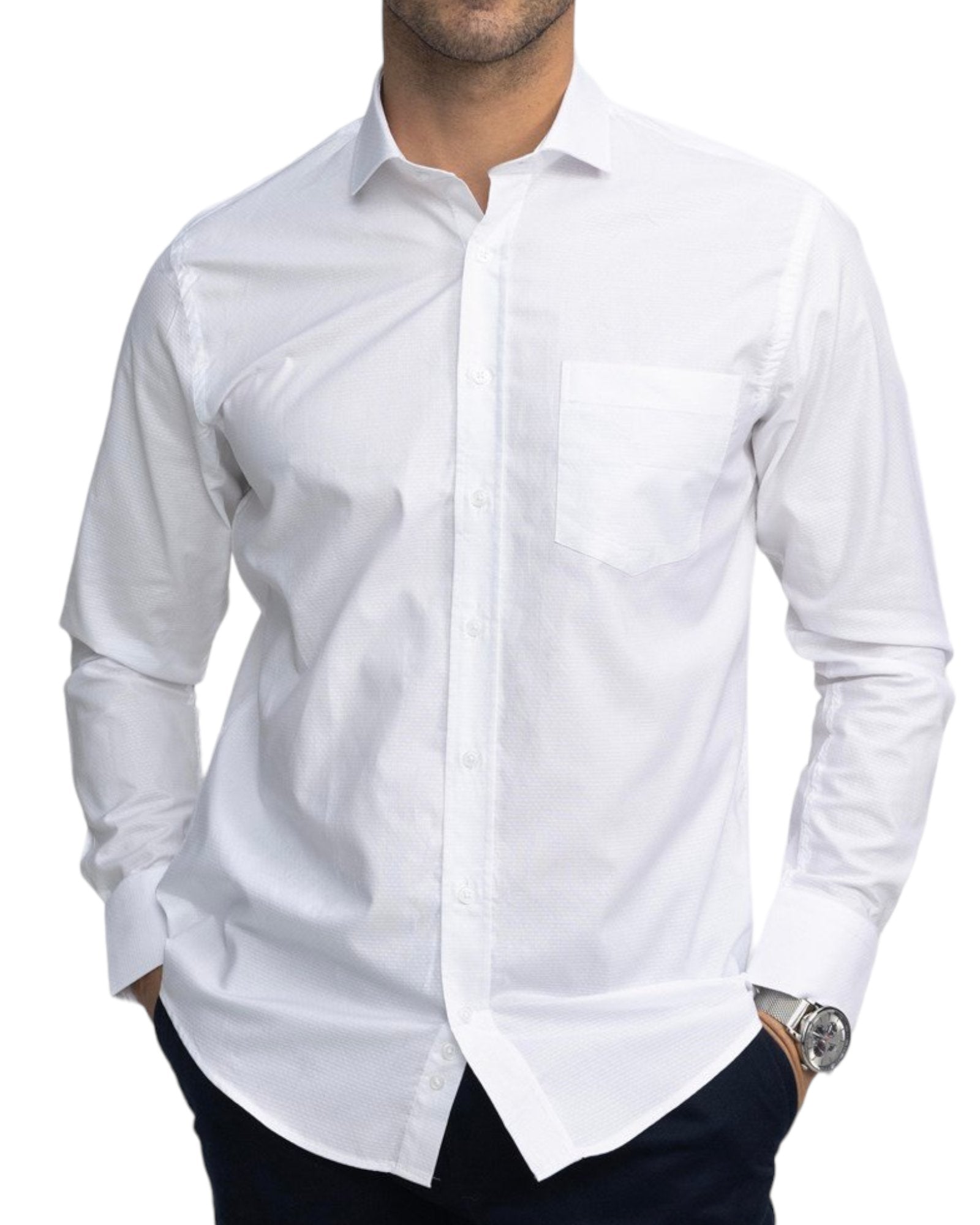 Classic Fit White Long Sleeve Cotton Texture