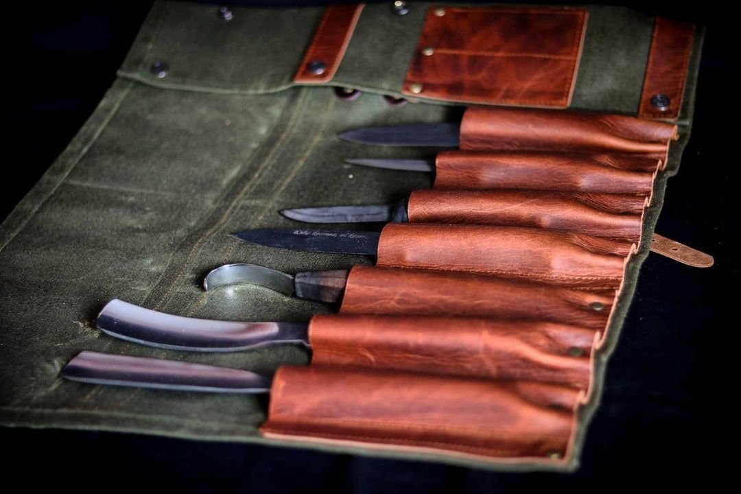 Canvas-Leather Bag Set. Wood Bag, Axe Bag, Knife Bag, Auger ...