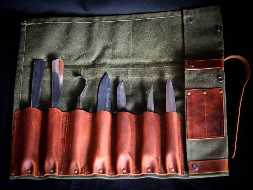 Canvas-Leather Bag Set. Wood Bag, Axe Bag, Knife Bag, Auger ...