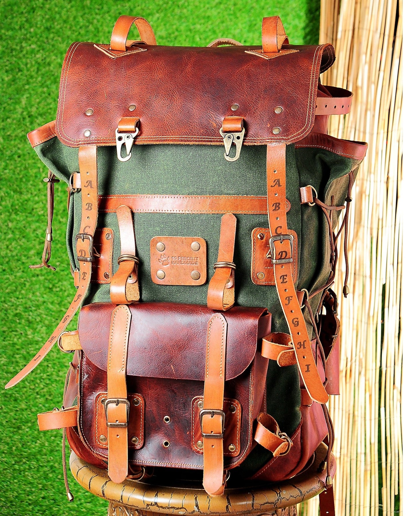 Handmade Leather Brown, Green Canvas Bushcraft Backpack ...