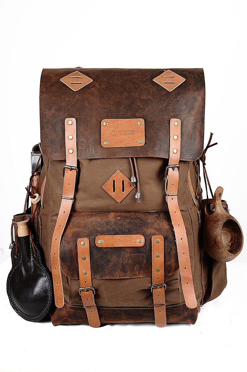 New Brown Handmade Wax Canvas and Genuine Leather Backpack for Travel,