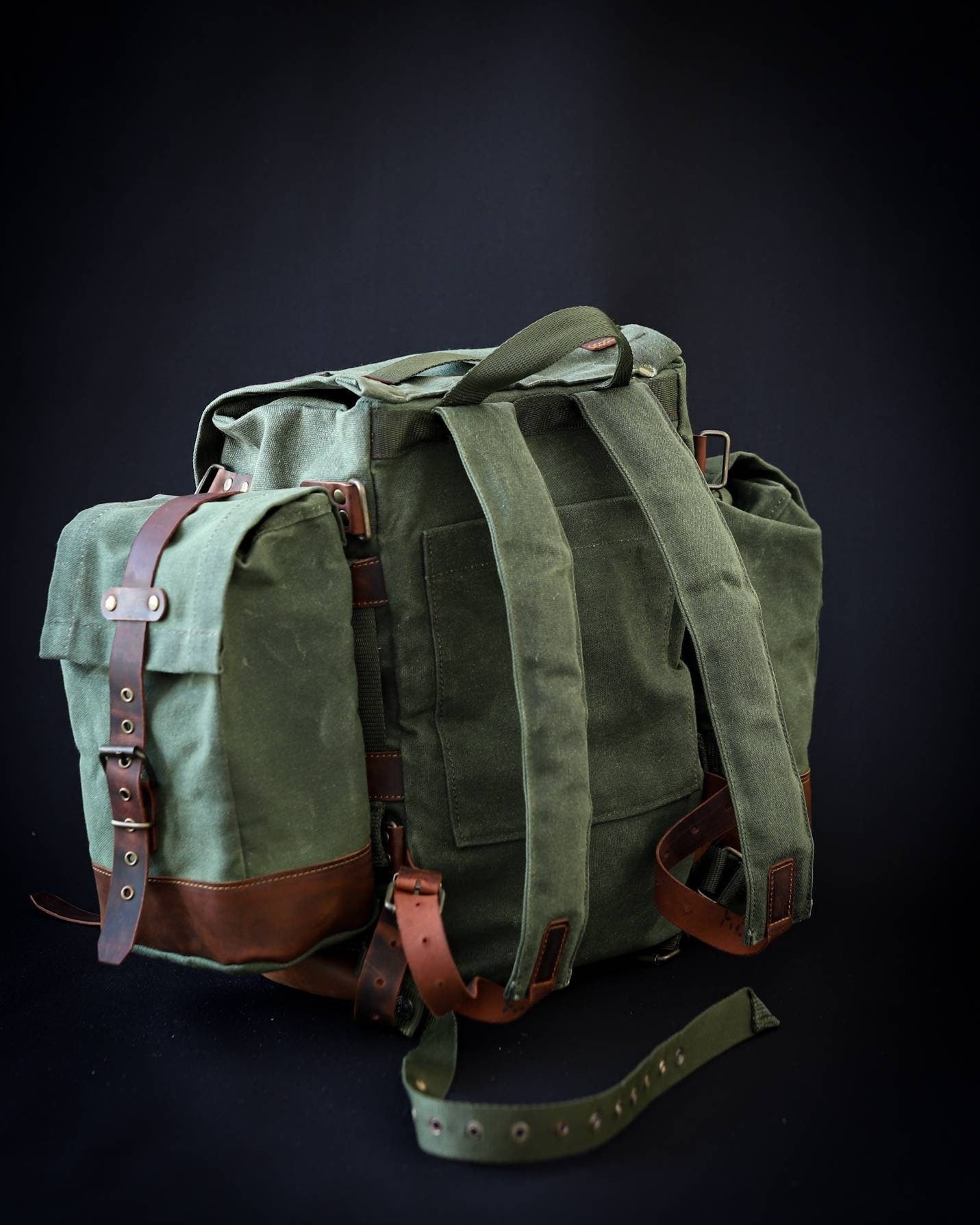 Wax Canvas - Leather Camping Backpack, Green, Brown, Black.